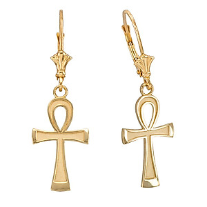 10k Yellow Gold Egyptian Ankh Cross Leverback Earrings
