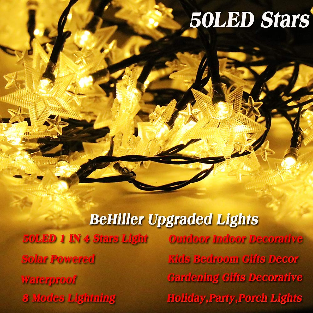 Stars Solar LED Lights Outdoor Decor, 8 Modes 23FT BeHiller 50LED Holiday String Lights, Solar Operated Garden Decor Lights, Solar Twinkle Xmas Lights for Tree, Backyard, Decor (Warm White)