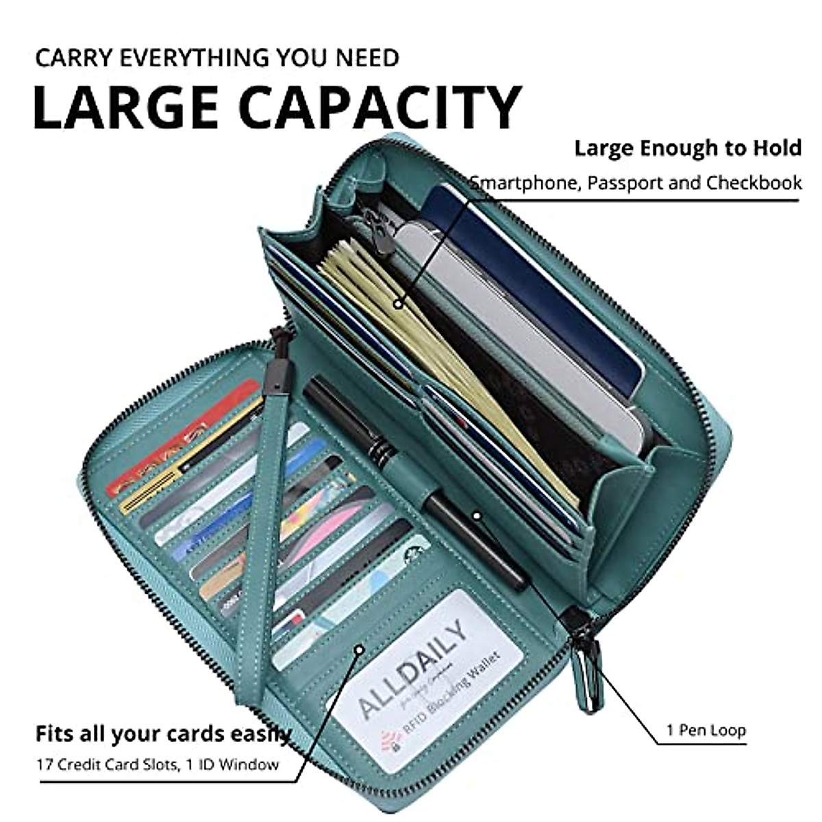 Women's RFID Blocking Leather Zip Around Wallet Large Phone Holder Clutch Travel Purse Wristlet (Purist Blue)