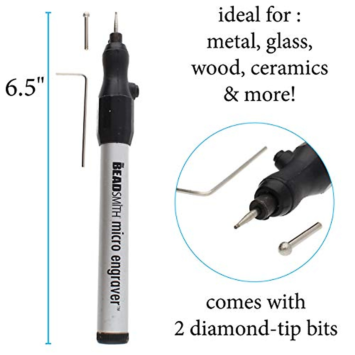 The Beadsmith Micro Engraver, 6.25", Battery Operated (2xAAA), 2 Round Diamond-Tip Bits and Hex Key, Engraver, Polisher, and Mini Sander for Detail Metal Engraving, Wood Carving, and Jewelry Polishing