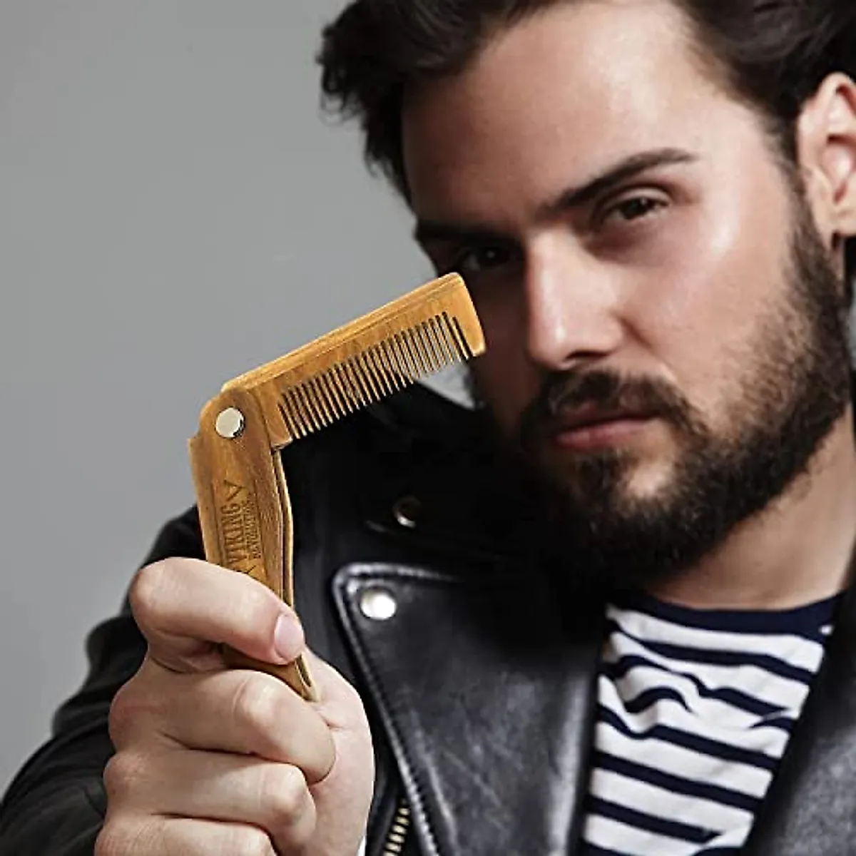 Folding Beard Comb w/Carrying Pouch for Men - All Natural Wooden Beard Comb w/Gift Box - Green Sandalwood Comb for Grooming & Combing Hair, Beards and Mustaches by Viking Revolution