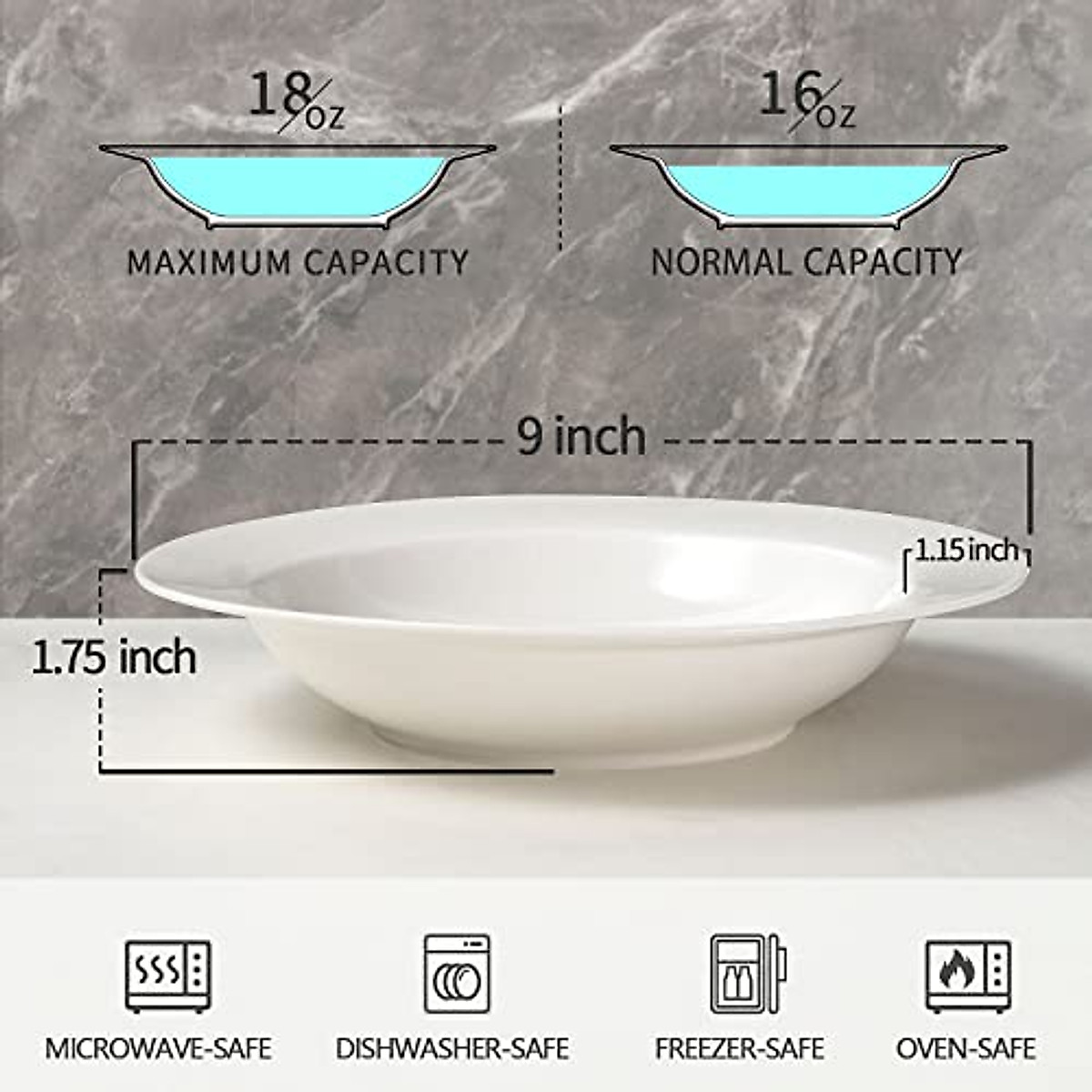 Artena Rimmed Soup Bowls 18oz, Pasta Bowls Set of 4, White Porcelain Salad Bowls, 9 inch Deep Soup Plates & 6oz Turquoise Solid Ceramic Chips and Dip Serving Platter with Acacia Wooden Tray