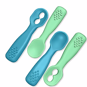Silicone Baby Spoon Set | Baby Spoons Self Feeding 6 Months | BPA Free Baby Led Weaning Spoons Stage 1 & 2 for Kids 6+ Months | Silicone Baby Feeding Spoon Set - 4 Spoons, Green/Blue