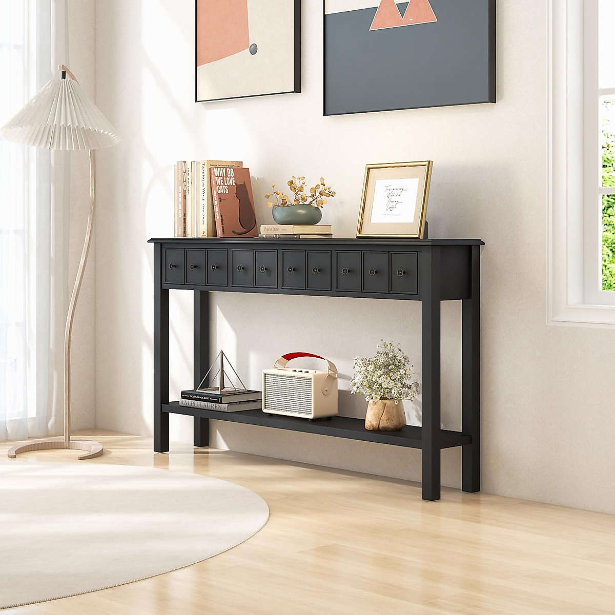 Giantex Narrow Console Table with Storage - 60" Long Sofa Side Table w/ 4 Drawers & Open Shelf, Solid Wood Legs, Rectangular Entry Table, Retro Entryway Table for Living Room Hallway, Foyer, Black