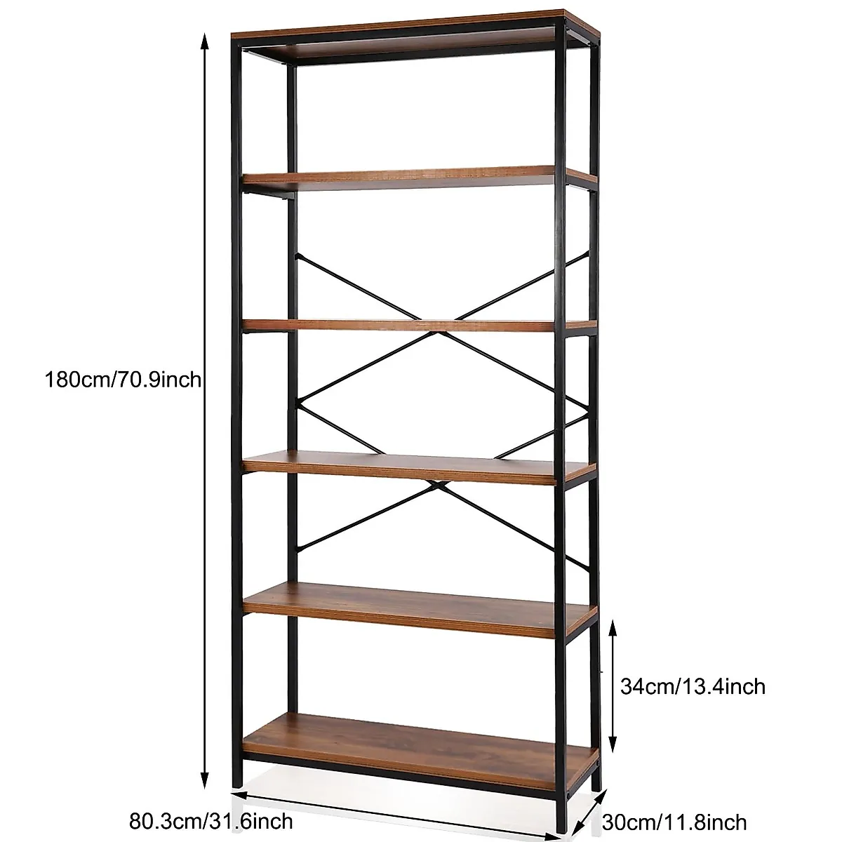 BATHWA Bookshelf, 6-Tier Industrial Bookshelves, Wood and Metal Bookcase, Free Standing Storage Vintage Bookshelf for Living Room, Bedroom and Home Office, Rustic Brown