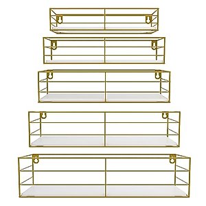 CRUGLA Gold Floating Shelves Wall Mounted Set of 5, Hanging Storage Floating Shelf for Bathroom, Kitchen, Bedroom, Living Room