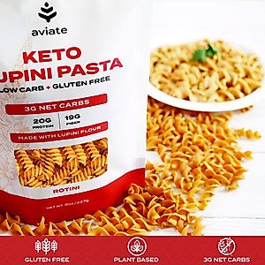 Aviate Keto Pasta Rotini - Low Carb (3g Net) Lupini Noodles, High Protein (20g), Gluten-Free, Made with Lupin Flour, Plant Based Vegan, Keto-friendly, Low Carb - Rotini (8oz) (Pack of 3)
