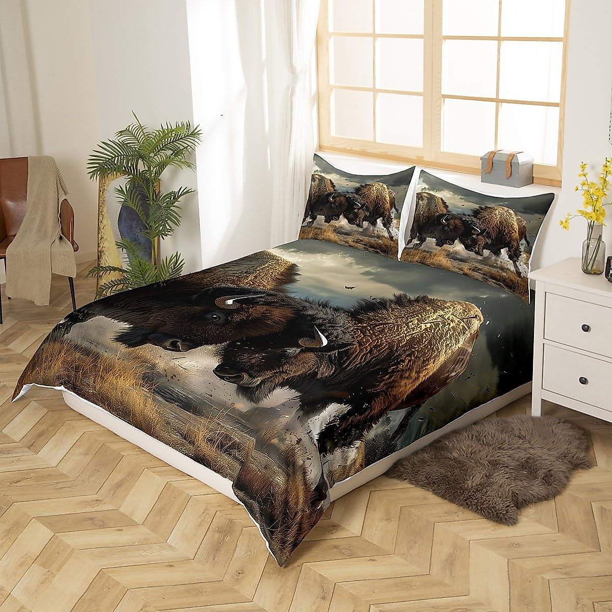 Erosebridal Bison Duvet Cover Set Twin Size Western Wildlife Buffalo Bull Bedding Set 2 Pieces, Boys Teens Comforter Set and 1 Pillow Sham, Dorm Hotel Home Decor Cover Sets, Animals Theme