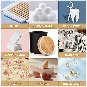 Ezebesta 3PCS Modern 13.53oz Black Bathroom Canisters with 12 Labels & Wooden Lid Thick Glass Jar Set Qtip Holder for Cotton Ball & Pads Storage Organization Minimalist Decor