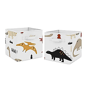 Sweet Jojo Designs Mod Dino Foldable Fabric Storage Cube Bins Boxes Organizer Toys Kids Baby Children - Set of 2 - Orange Tan Rust Taupe Mustard Yellow Beige Brown Black Modern Dinosaur Boho Dinosaurs