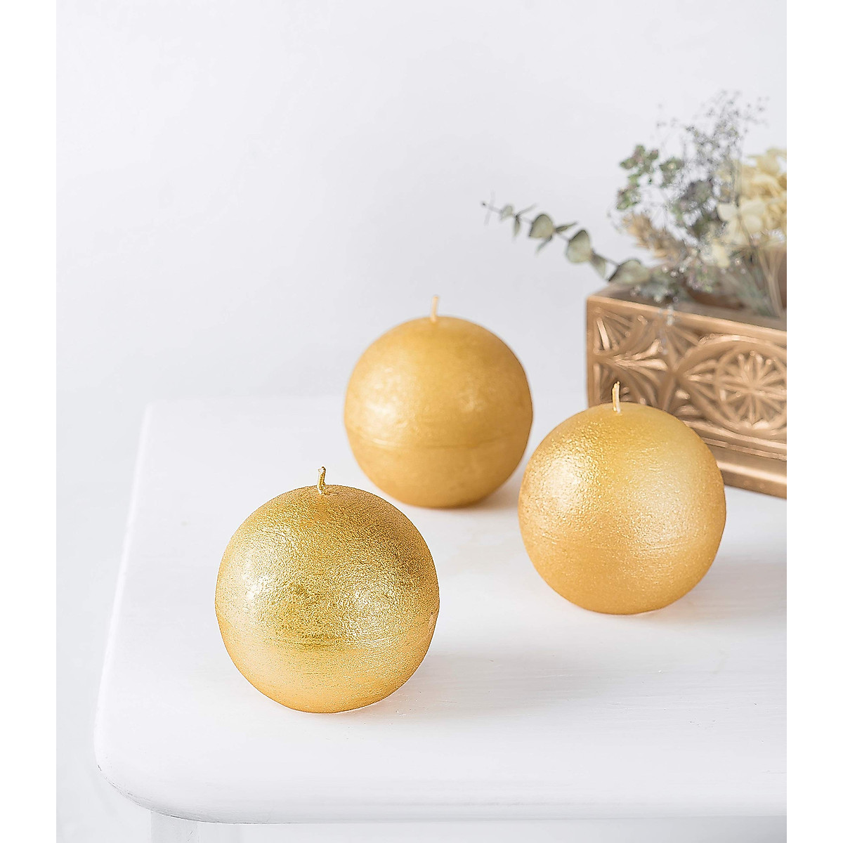 Set of 3 Sphere Ball Candles 3" Unscented Handpoured for Weddings, Home Decoration, Church, Restaurant, Spa, Smokeless Cotton Wick - Gold