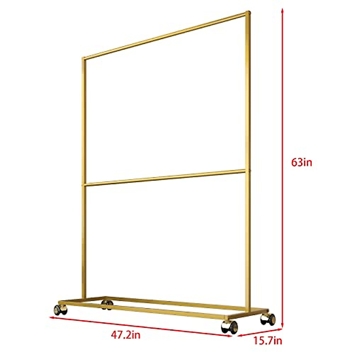 MaiRHK Metal Clothing Rack on Wheels, Gold Garment Rack Rolling Clothes Rack with Double Hanging Rod for Bedroom, Hall, Clothes Store and Boutique-(47.2''L)