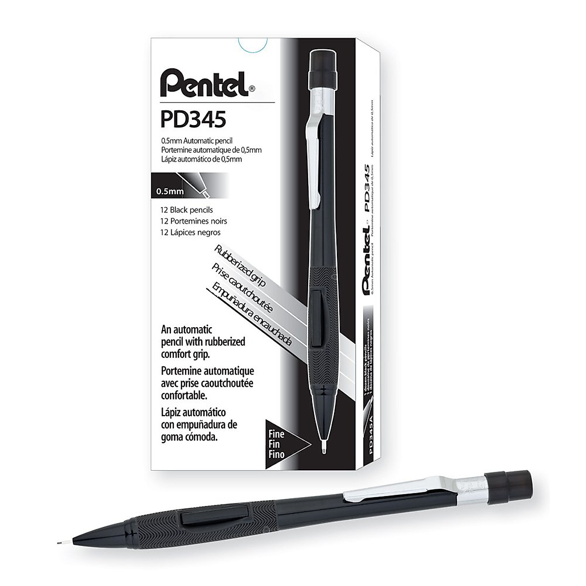 Pentel Quicker Clicker Automatic Pencil, 0.5mm Lead Size, Black Barrel, Box of 12 (PD345A)