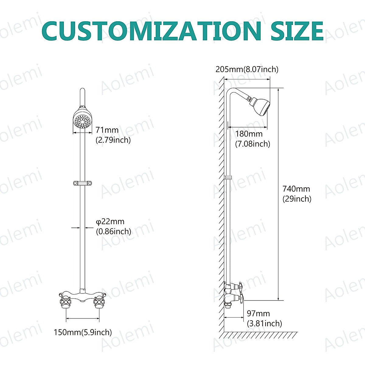 Aolemi Outdoor Shower Kit,Outdoor Shower Fixtures Faucet System with High Pressure Showerhead,2-Handle Exposed Shower with Brass Mix Valve,6 Inch Center,without Soap Dish Matte Black