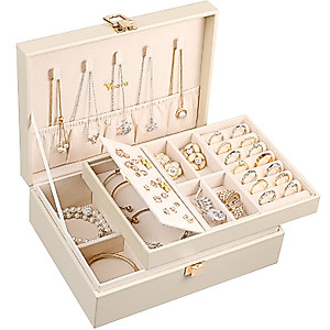 Voova Jewelry Box Organizer for Women Girls, 2 Layer Large Men Jewelry Storage Case, PU Leather Display Jewellery Holder with Removable Tray for Necklace Earrings Rings Bracelets, Vintage Gift,Apricot