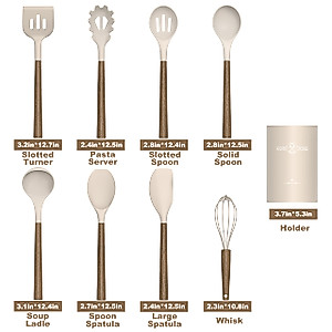 Silicone Kitchen Cooking Utensil Set, 9Pcs Kitchen Utensils Spatula Set with Wooden Handle for Nonstick Cookware, 446°F Heat Resistant Silicone Kitchen Gadgets Utensil Set with Large Holder（Khaki）