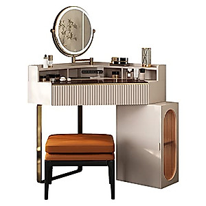 Lartis Storage Dresser Makeup Stool Set, Dresser, 1 Storage Drawer, 1 high Storage Storage Pull Cabinet, 360 °rotatable Makeup Mirror, ash Wood Makeup Stool