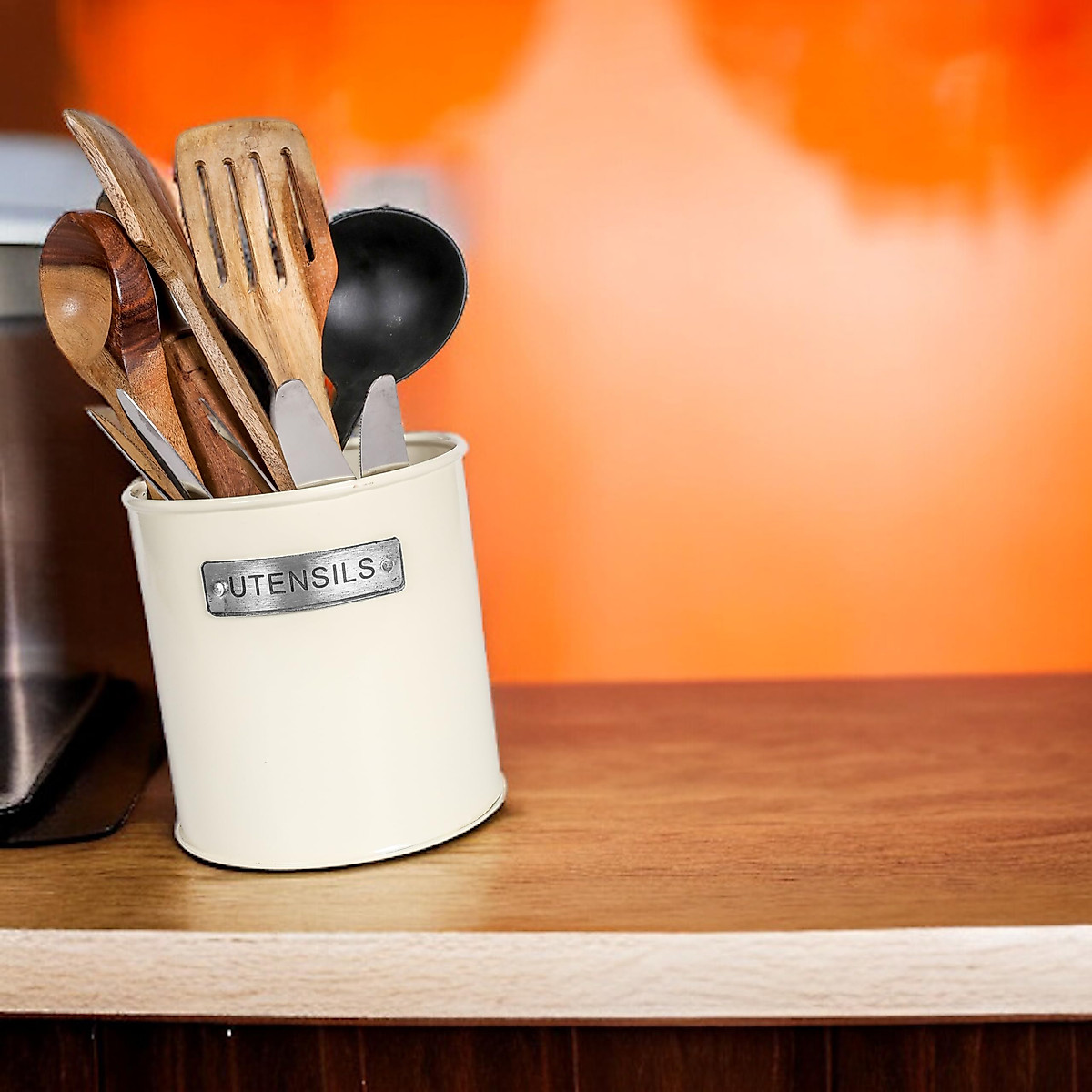 Farmhouse Kitchen Utensil Holder Large Utensil Organizer - Utensils Holders Crock with Sturdy Rustic Farmhouse Countertop Decor, Utensil Storage Caddy Organizer, Off White - 5.5 x 6 Inches