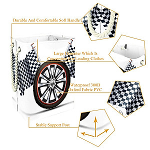 Large Foldable Waterproof Storage Baskets Collapsible Organizer with Carrying Handles for Nursery, Home Closet, Toys, Towels, Laundry - Checkered Racing Flag And Wheel