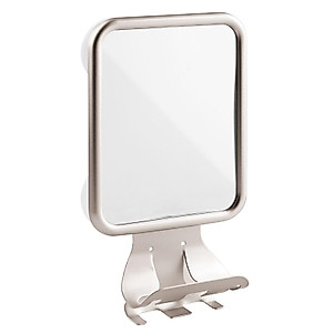 mDesign Large Modern Metal Suction Shaving Mirror Center for Bathroom Showers and Tubs - Holders for Shaving Cream and Razors - Satin