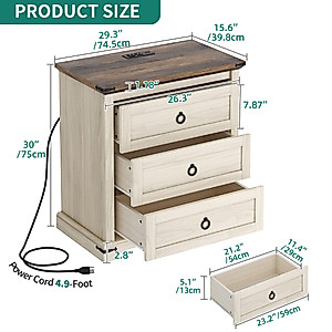 YITAHOME Farmhouse Nightstand with 3 Drawers and Charging Station, Wood Night Stand Organizer for Bedroom, Set of 2, Off White+Walnut Grain