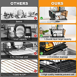 SRIVIJA 2 Tier Detachable Large Sink Dish Drying Rack Over The Kitchen Counter with Drainboard&Silicone Dish Drying Mat,Kitchen Large 2 Tier Stainless Steel Drying Rack with Dishes Drainer(Black)