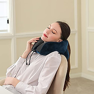 SREOZ Memory Foam Neck Pillows for Travel,Adjustable Travel Neck Pillow for Airplanes Travel Essentials, Ergonomic Plane Travel Pillows for Sleeping Airplane, Car, Train, Bus (Blue)