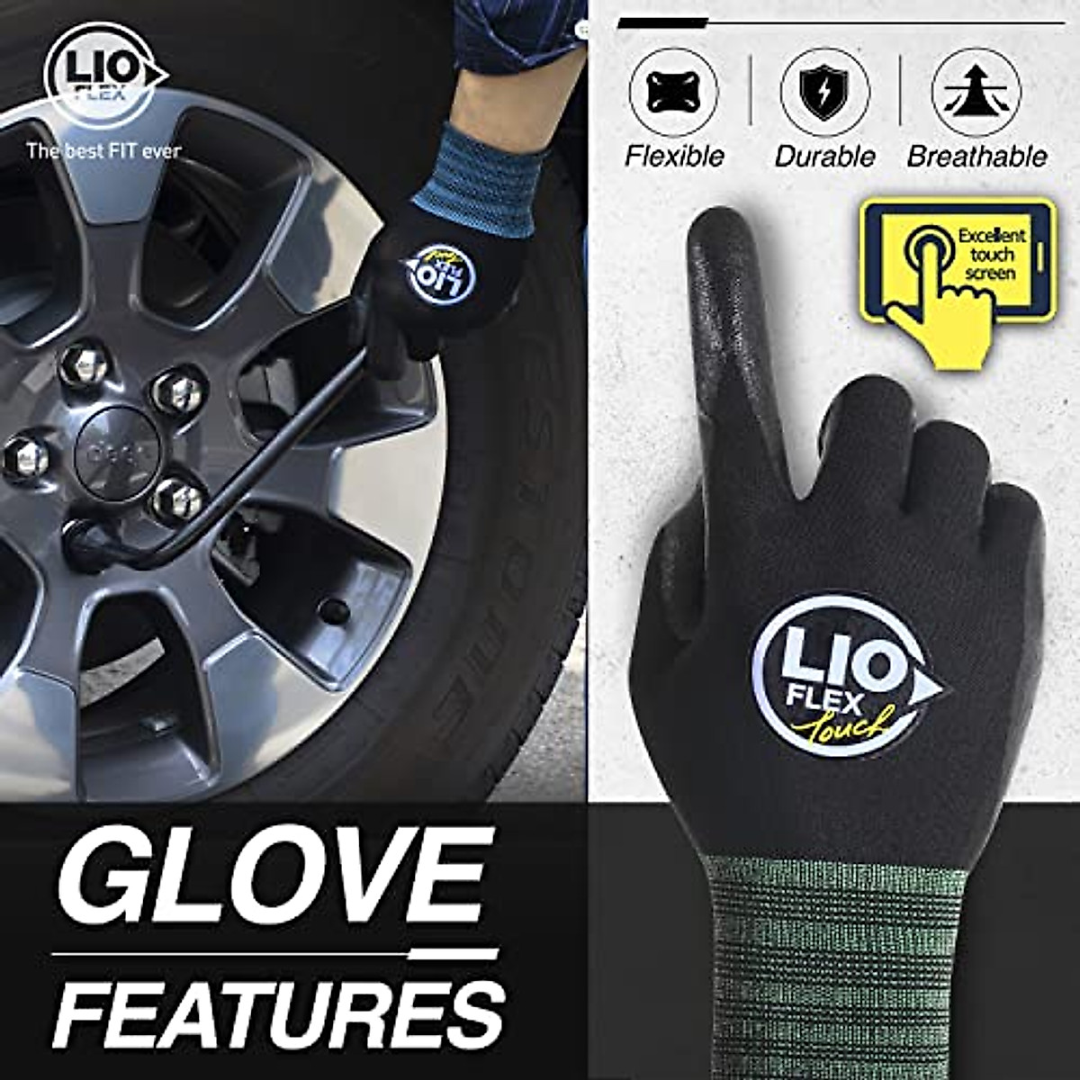 LIO FLEX Safety Work Gloves - 3 Pairs, Seamless Knit Work Gloves with Touch Screen Capability, Firm Grip, High Dexterity & Comfort Fit Work Gloves for Men & Women, Lightweight & Thin (Black, M)