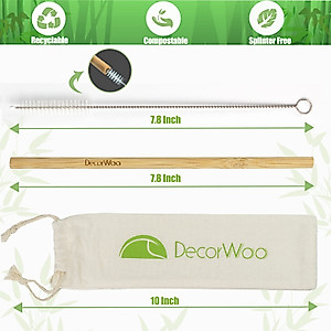 DecorWoo 20 Pack Reusable Straws, 7.8 Inch Bamboo Straws BPA Free, Biodegradable Wooden Straws Alternative to Plastic Straws, Include Cleaning Brush and Travel Pouch