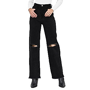 Genleck Baggy Wide Leg Ripped Jeans - Women High Waist Bootcut Loose Straight Jeans Y2K Trendy Denim Pants Trousers