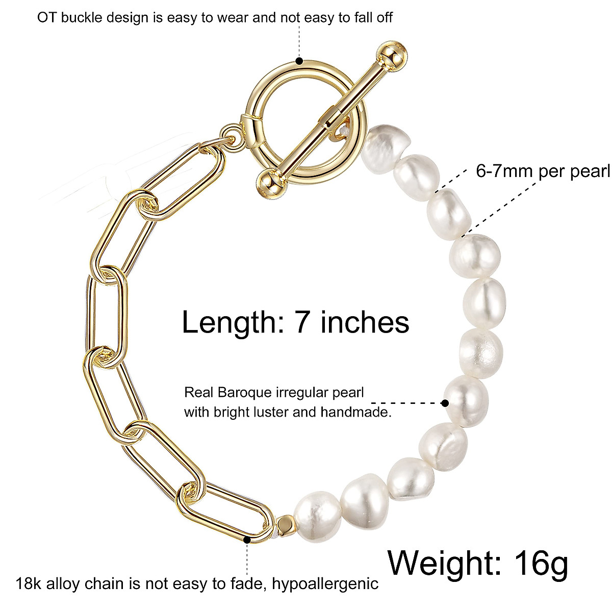 Cowlyn Paperclip Pearl Bracelet Baroque Culture Link Chain 14K Gold Plated Dainty Handmade Bangle Charm Jewelry Present for Women