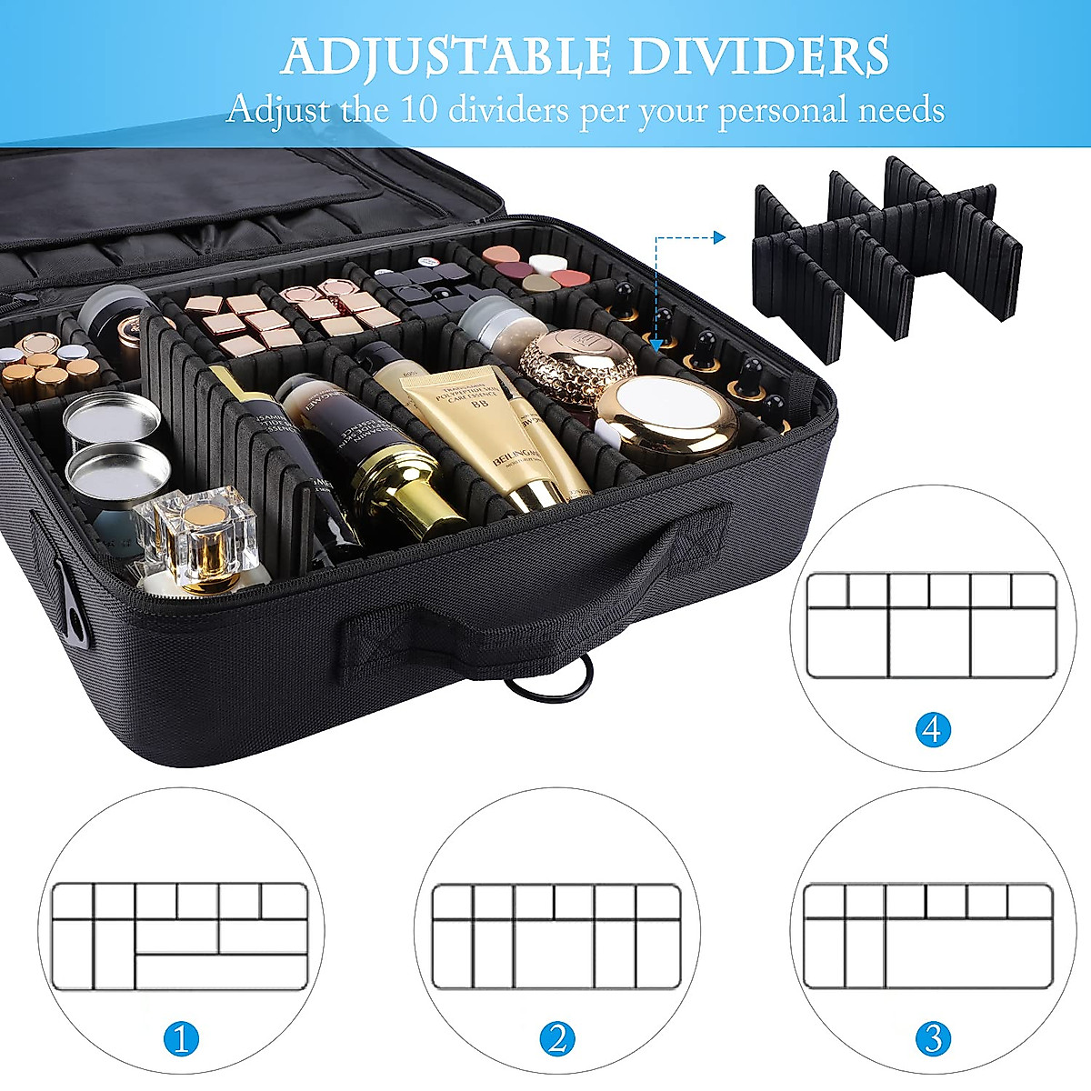 JOURMON Travel Makeup Case Portable Makeup Train Case Organizer Cosmetic Bag with Adjustable Dividers and Shoulder Strap for Makeup Brushes Toiletry Travel Accessories(Pure Black, L)