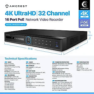 Amcrest 4K 32-Channel AI NVR (16-Port PoE) Smart NVR, Facial Recognition, Facial Detection & Vehicle Detection - Supports 32 x 4K IP Cameras, Supports up to 2 x 16TB HDD (Not Included) NV4232E-16P-EI