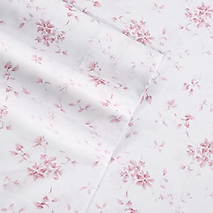 Laura Ashley Home - Queen Sheets, Soft Sateen Cotton Bedding Set - Sleek, Smooth, & Breathable Home Decor, Garden Muse Pink