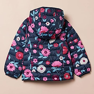 Amazon Essentials Girls' Lightweight Water-Resistant Packable Hooded Puffer Jacket, Navy Floral, Large