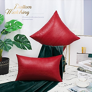 BRAWARM Christmas Red Leather Throw Pillows 20 X 20 Inches, Snake Leather Pillow Covers Pack of 2, Faux Leather Decorative Pillow Covers for Couch Living Room Garden Bed Sofa Home