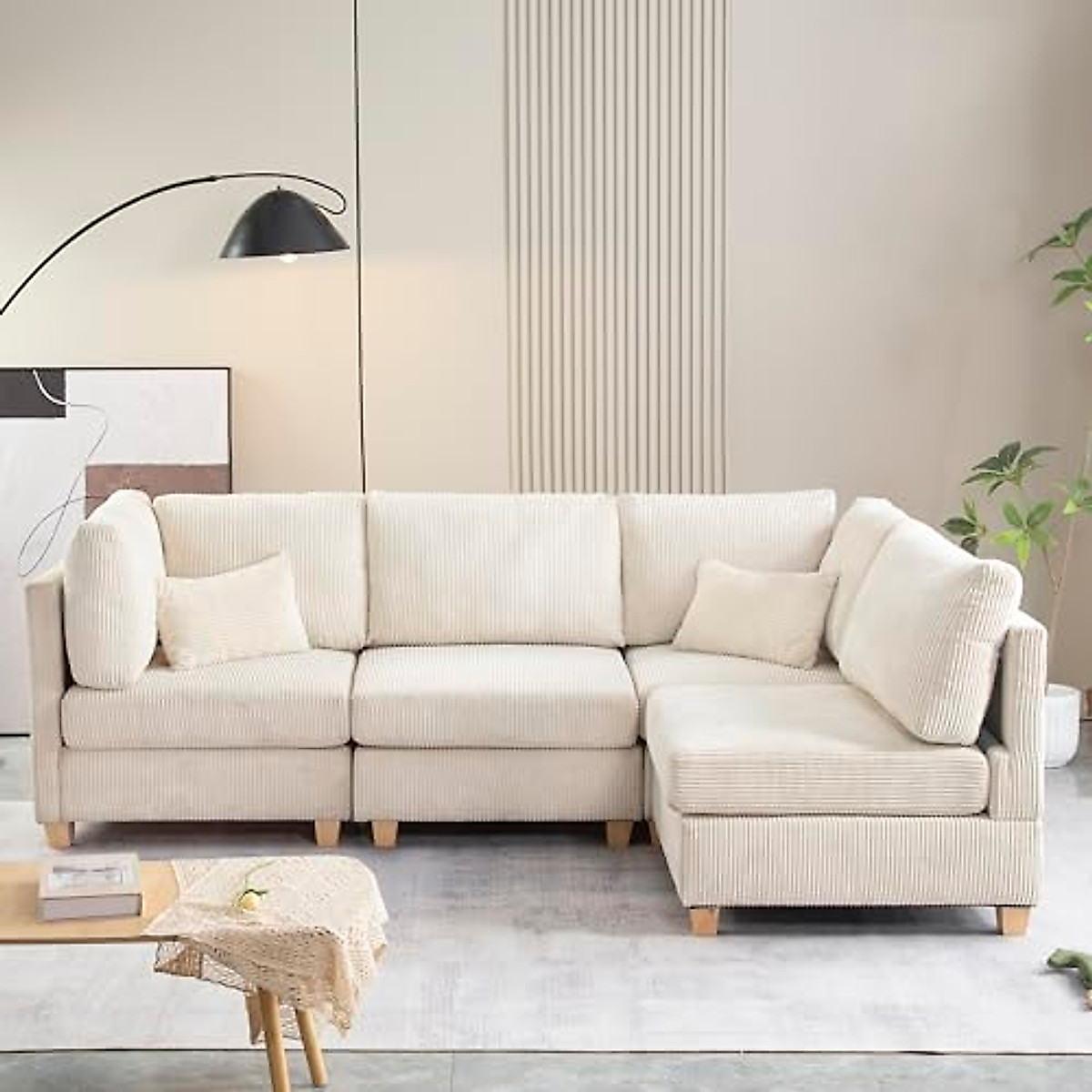 Eafurn Convertible Modular Sectional Sofa Set, Free Combinational Corner Couch, Corduroy Upholstered Deep Seat Comfy Sofa&Couches with Solid Wood Legs for Living Room Apartment, Beige 126.38"