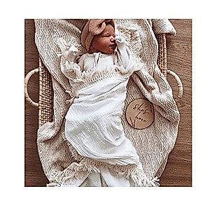 CHUNGEL Cotton Muslin Baby Blanket with Tassel，Large 47" x 47" Baby Receiving Blanket with Fringe, Boho Muslin Swaddle Blanket with Fringe, Nursery Decor Throw or Nursing Fringed Blankets (White)