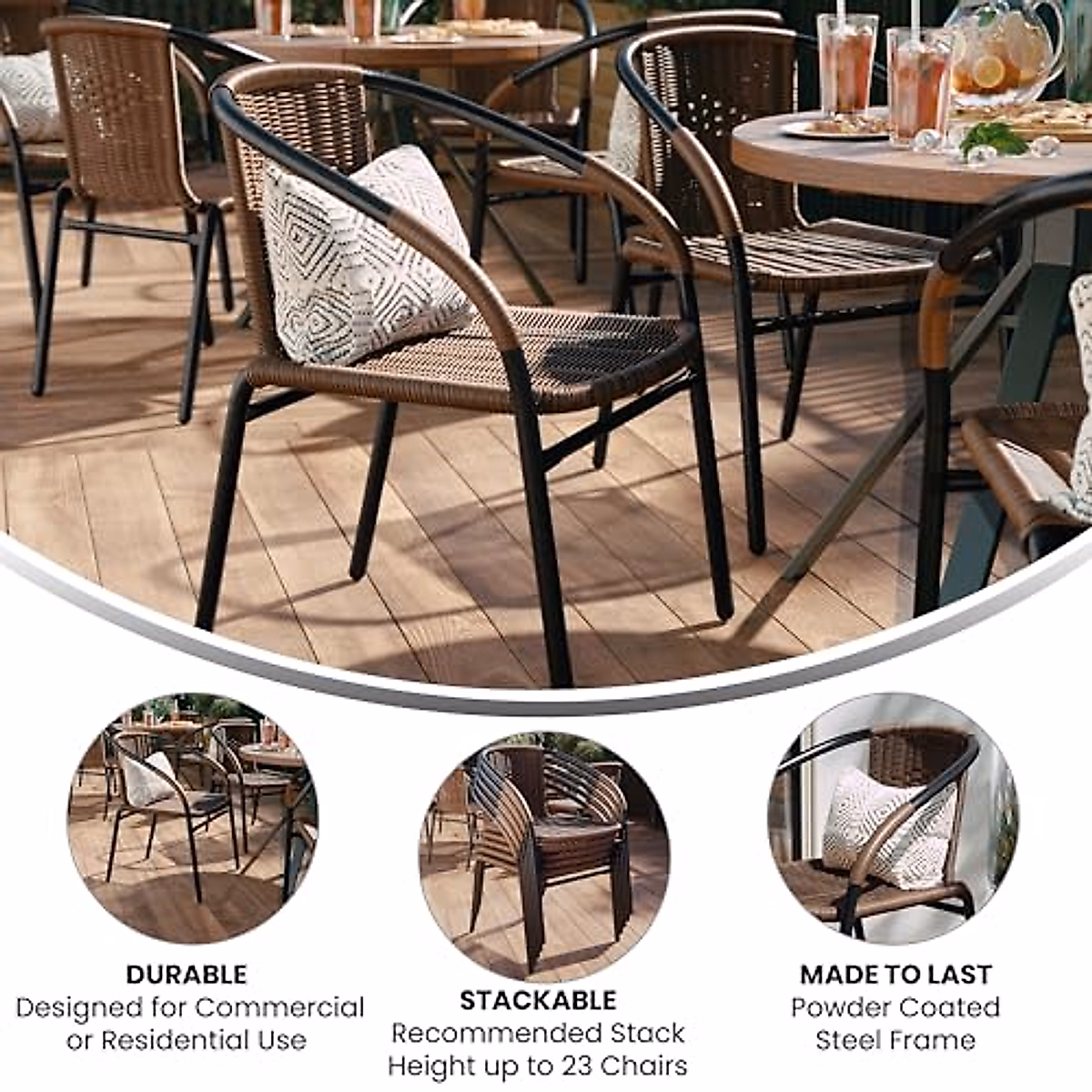 Flash Furniture Lila Modern Rattan Indoor/Outdoor Stackable Dining Chairs, Stacking Rattan Bistro Chairs for Patio or Restaurant, Set of 2, Brown