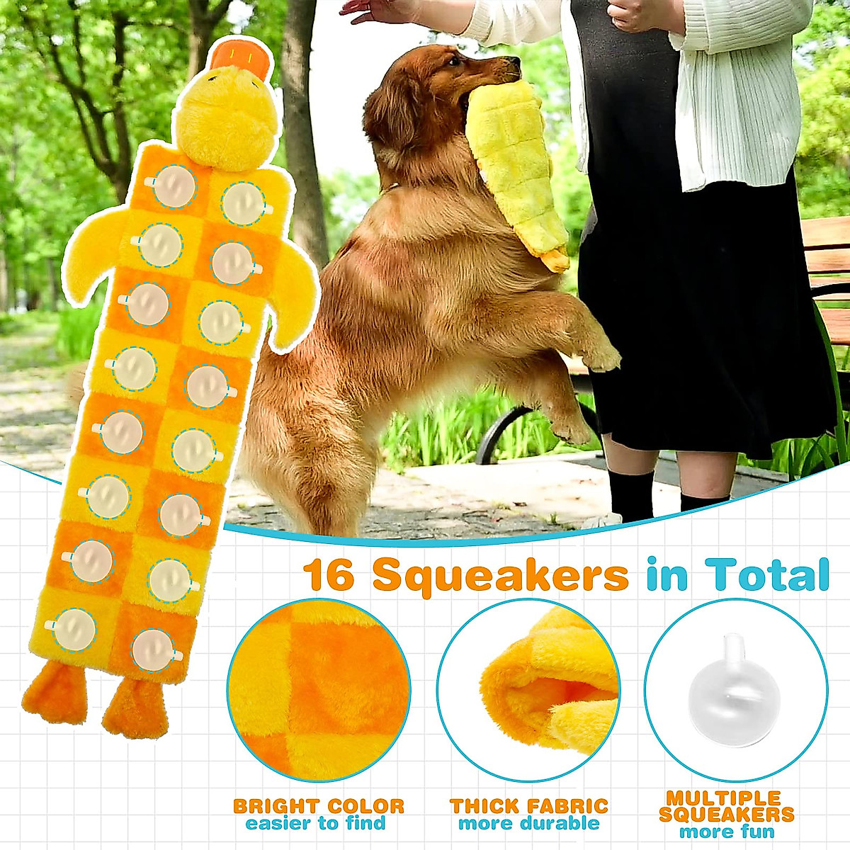 Mihachi 16 Squeakers Dog Squeaky Toys - No Stuffing Plush Pet Chew Toys - Yellow Squeaker Mat Duck