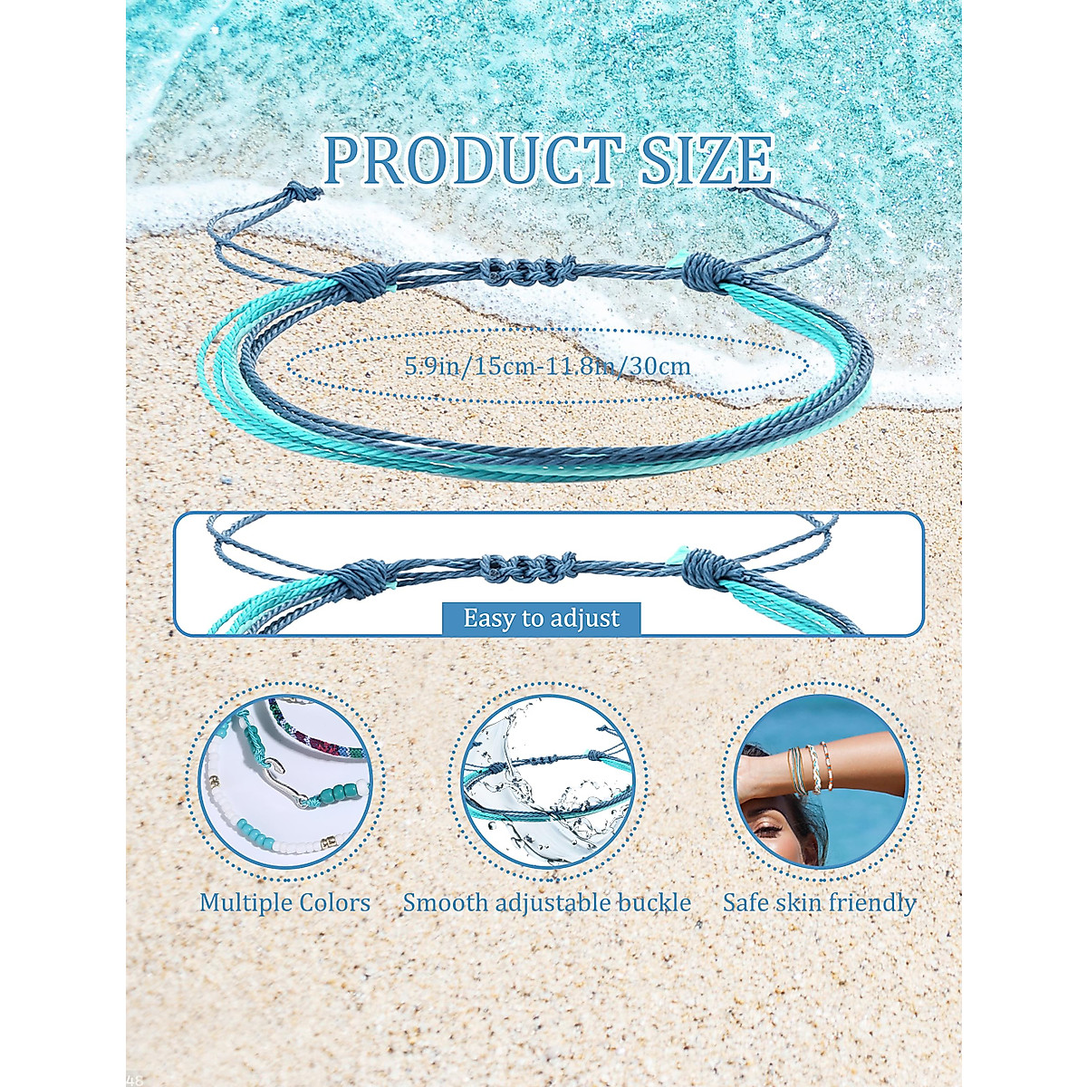 LOLIAS 24 Pieces Waterproof String Bracelets for Women Surfer Wave Boho Bracelet Adjustable Handmade Friendship Bracelet String Ocean Beach Boho Bracelets Anklets for Women Ocean