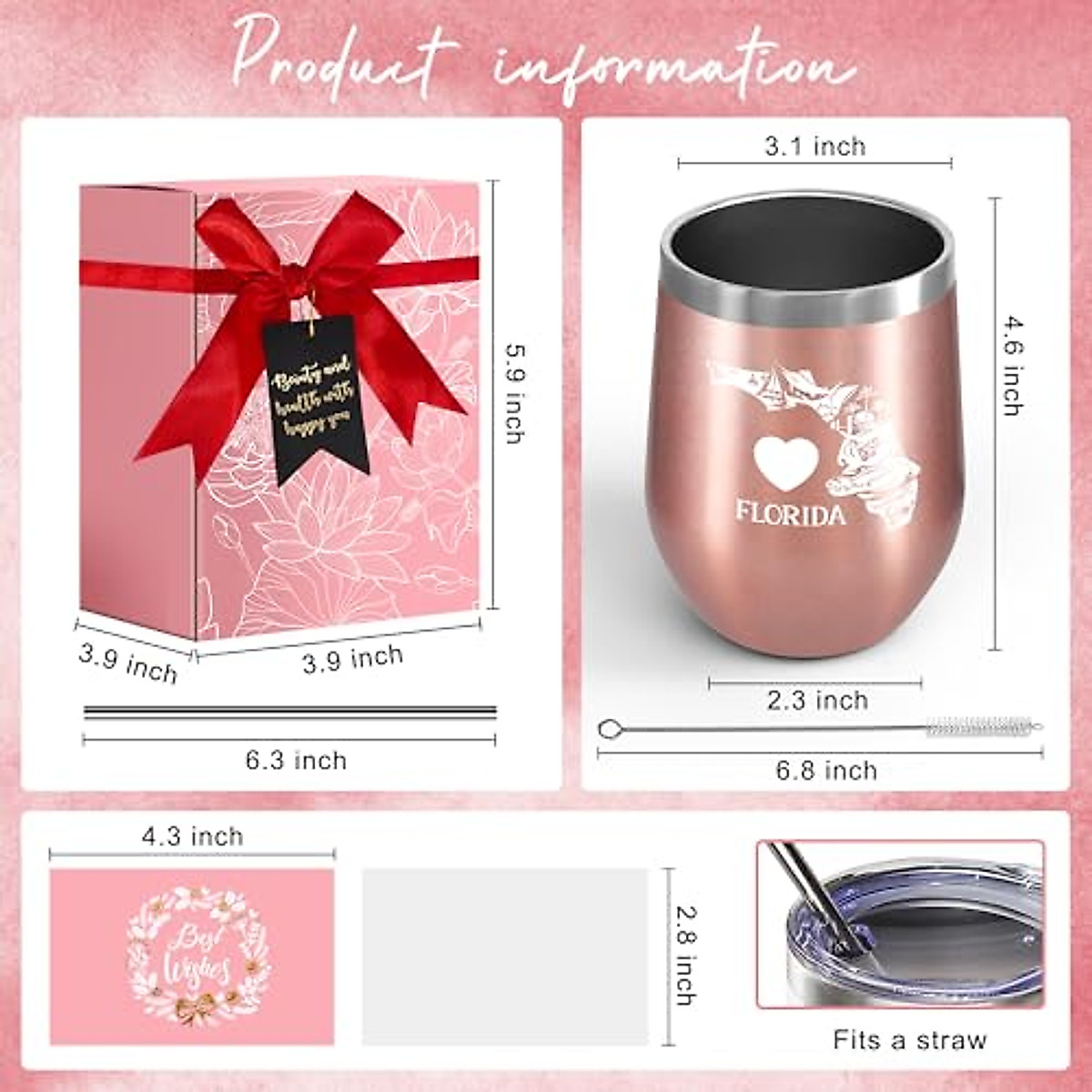 Customized Florida Gift,Florida Coffee Mug Gift for Women 12oz Wine with Lid 18/8 Stainless Steel Cup,Unique Oliday Travel Supplies(Rose Gold)