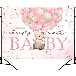 MAYSSKQ Girl Bear Baby Shower Backdrop Hot Air Balloon Bear Theme Baby Shower Photo Background We Can Bearly Wait Gold Dots Party Decorations Supplies (Pink, 7x5ft)