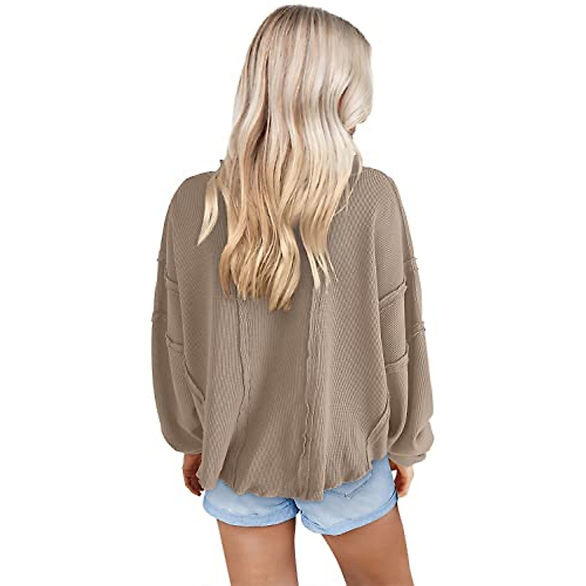 Panadila Women's Oversized Waffle Knit Pullover Casual Long Sleeve Tops Trendy Round Neck Tunic Shirts(Light Brown,L)