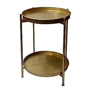 The Urban Port 20-Inch High Round Side End Table with 2-Tier Iron Frame, Matte Gold