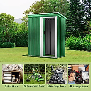 Arlopu 5 x 3 FT Outdoor Storage Shed, Metal Shed with Sliding Door, Waterproof Tool Storage Cabinet, Backyard Patio Lawn, for Bicycle, Garden Tool, Pet House, Utility Room (Dark Green)