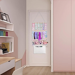 Nerien Headband Holder, Hair Bow Organizer for Girls Baby Toddler, Macrame Wood Hair Accessories Wall Closet Hanging Storage Display, for Hair Ribbons Ties Clips, with 20 Pcs Hooks for Shower Room