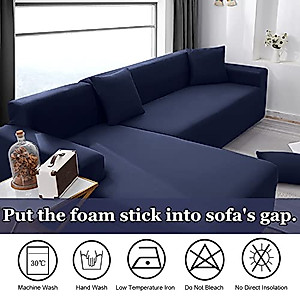BT.WA Couch Cover L Shape Sectional Sofa Cover 2-Piece Soft Stretch Sofa Slipcover Furniture Protector Couch Slipcover with 2Pcs Pillowcases (Sofa 3 Seater + 3 Seater, Navy)