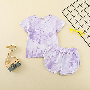 Aruzig Toddler Baby Girl Tie dye Outfit Kids Short SleeveT-Shirt and Shorts 2Pcs Summer Clothes Set for Girls (Purple White, 2-3T)