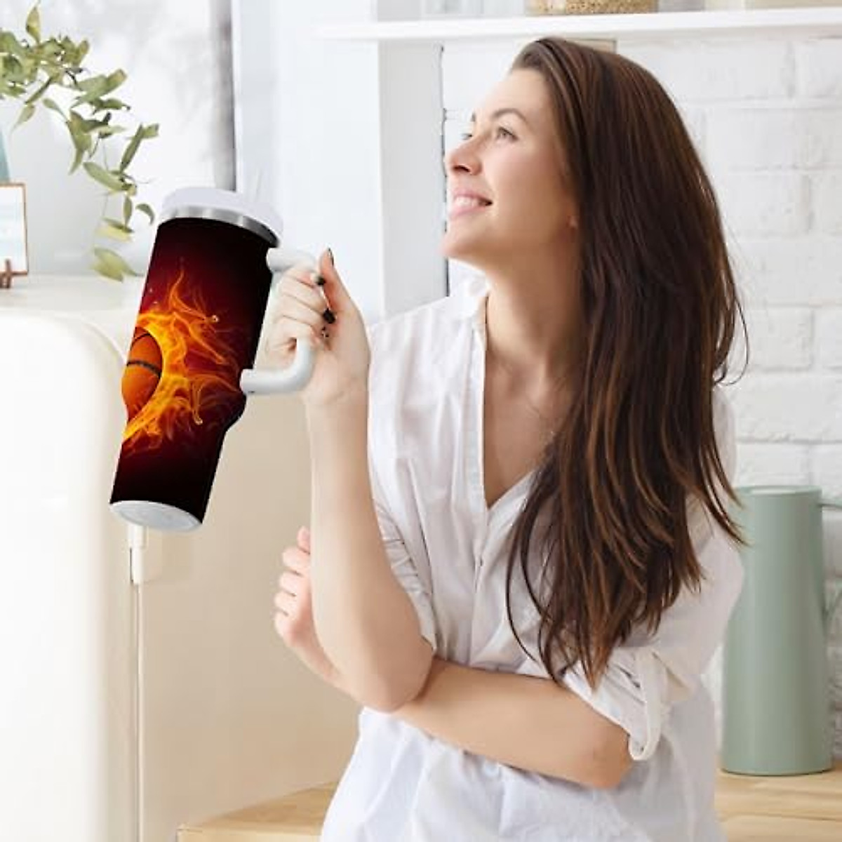 RPLIFE Fire Water Basketball Stainless Steel Coffee Tumbler, Insulated Coffee Cups with Lids, Tumblers for Women